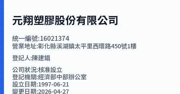 元翔塑膠股份有限公司的照片-統編 16021374(彰化縣) 公司登記資料與營業項目詳細圖表