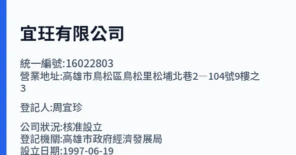 宜玨有限公司的照片-統編 16022803(高雄市) 公司登記資料與營業項目詳細圖表