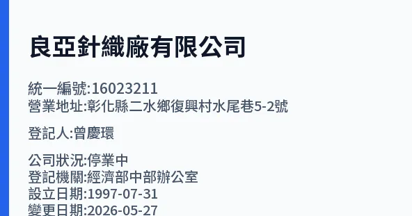 良亞針織廠有限公司的照片-統編 16023211(彰化縣) 公司登記資料與營業項目詳細圖表