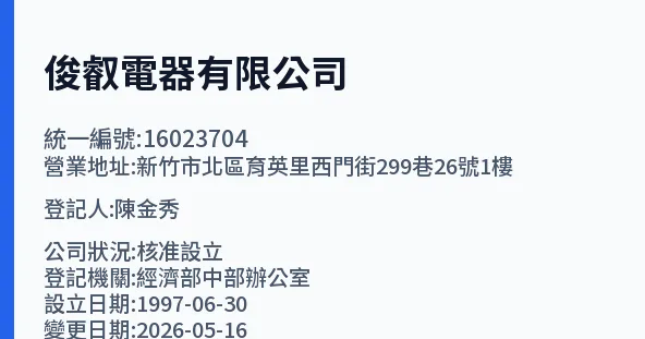 俊叡電器有限公司的照片-統編 16023704(新竹市) 公司登記資料與營業項目詳細圖表