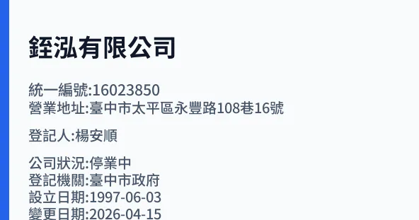 銍泓有限公司的照片-統編 16023850(臺中市) 公司登記資料與營業項目詳細圖表