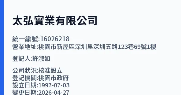 太弘實業有限公司的照片-統編 16026218(桃園市) 公司登記資料與營業項目詳細圖表