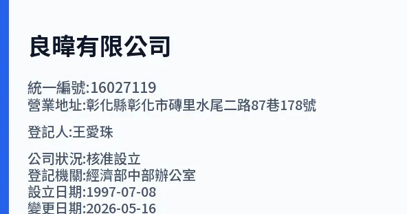 良暐有限公司的照片-統編 16027119(彰化縣) 公司登記資料與營業項目詳細圖表