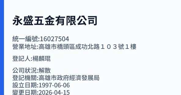 永盛五金有限公司的照片-統編 16027504(高雄市) 公司登記資料與營業項目詳細圖表