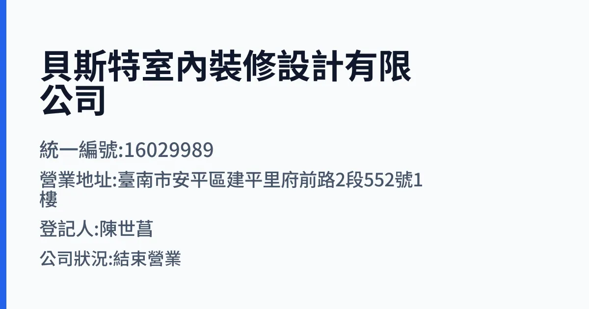貝斯特室內裝修設計有限公司 - 統編 16029989(臺南市) 公司登記資料與營業項目詳細圖表