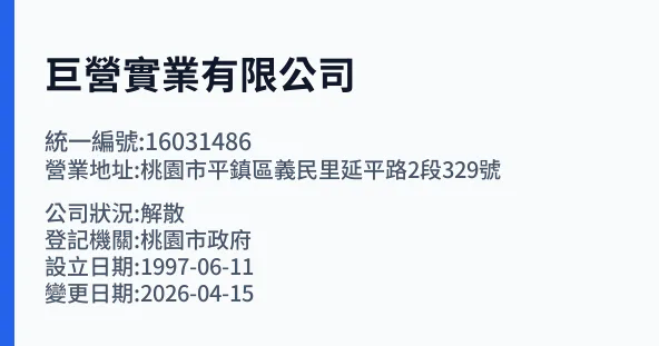 巨營實業有限公司的照片-統編 16031486(桃園市) 公司登記資料與營業項目詳細圖表