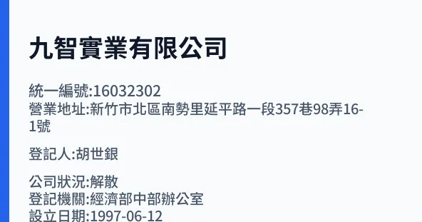 九智實業有限公司的照片-統編 16032302(新竹市) 公司登記資料與營業項目詳細圖表