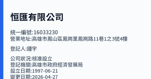 恒匯有限公司的照片-統編 16033230(高雄市) 公司登記資料與營業項目詳細圖表