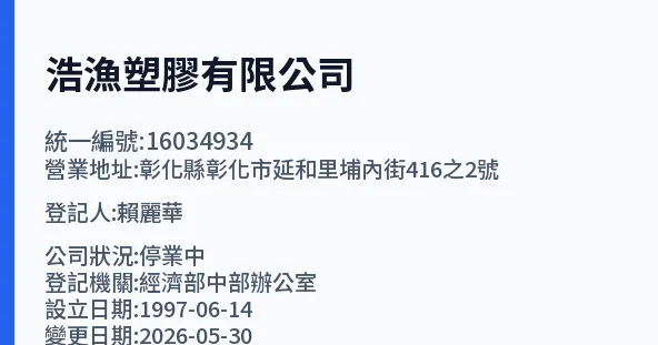 浩漁塑膠有限公司的照片-統編 16034934(彰化縣) 公司登記資料與營業項目詳細圖表