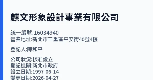麒文形象設計事業有限公司的照片-統編 16034940(新北市) 公司登記資料與營業項目詳細圖表