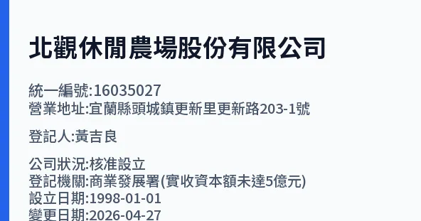 北觀休閒農場股份有限公司的照片-統編 16035027(宜蘭縣) 公司登記資料與營業項目詳細圖表