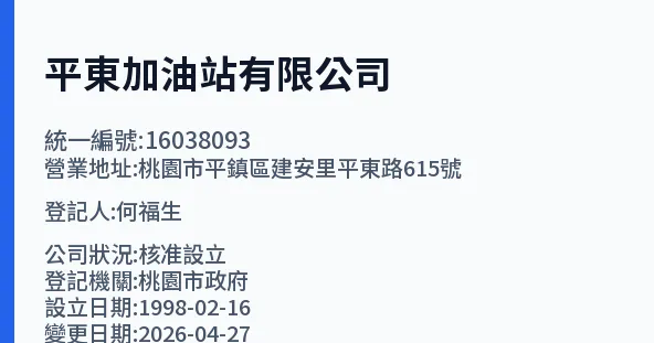 平東加油站有限公司的照片-統編 16038093(桃園市) 公司登記資料與營業項目詳細圖表