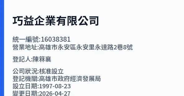 巧益企業有限公司的照片-統編 16038381(高雄市) 公司登記資料與營業項目詳細圖表