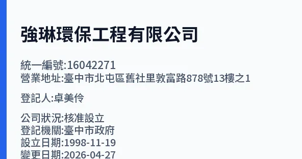 強琳環保工程有限公司的照片-統編 16042271(臺中市) 公司登記資料與營業項目詳細圖表