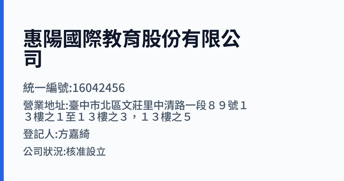惠陽國際教育股份有限公司 - 統編 16042456(臺中市) 公司登記資料與營業項目詳細圖表
