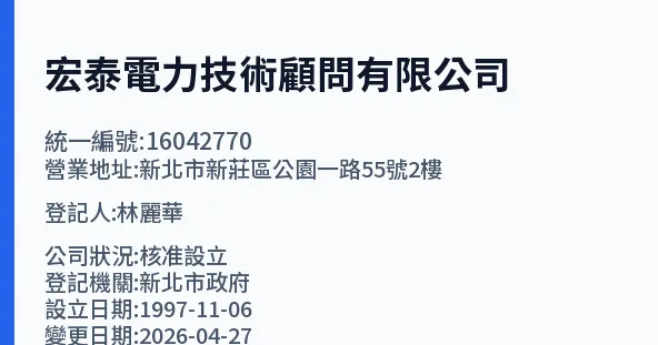 宏泰電力技術顧問有限公司的照片-統編 16042770(新北市) 公司登記資料與營業項目詳細圖表