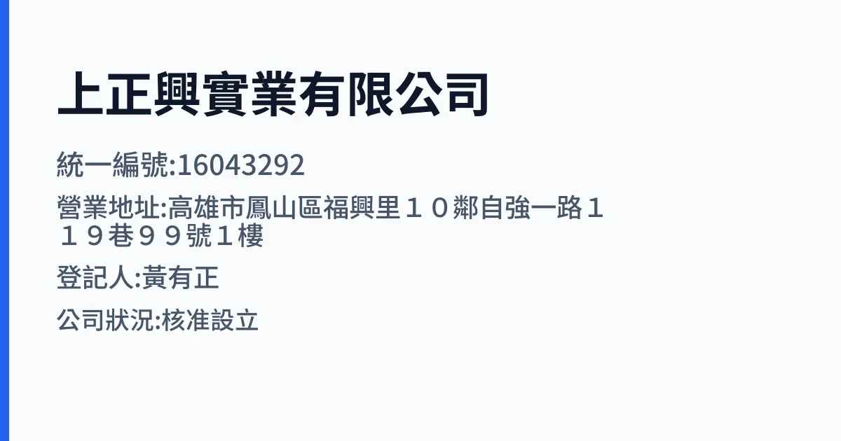 上正興實業有限公司 - 統編 16043292(高雄市) 公司登記資料與營業項目詳細圖表