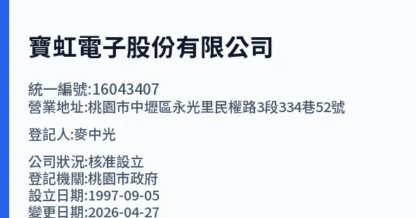 寶虹電子股份有限公司的照片-統編 16043407(桃園市) 公司登記資料與營業項目詳細圖表
