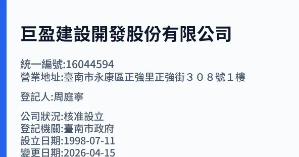 巨盈建設開發股份有限公司的照片-統編 16044594(臺南市) 公司登記資料與營業項目詳細圖表