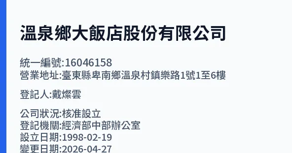 溫泉鄉大飯店股份有限公司的照片-統編 16046158(臺東縣) 公司登記資料與營業項目詳細圖表
