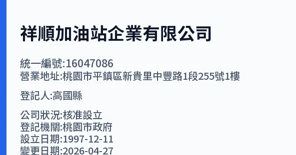 祥順加油站企業有限公司的照片-統編 16047086(桃園市) 公司登記資料與營業項目詳細圖表