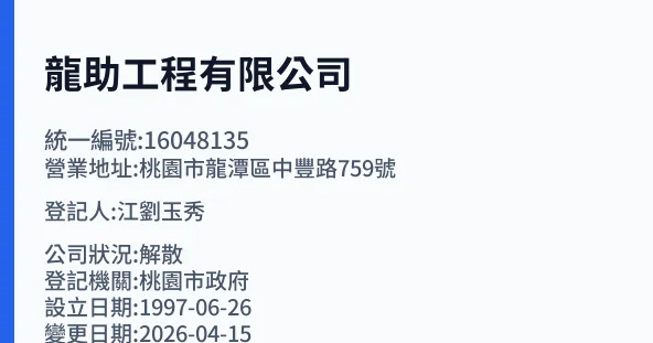 龍助工程有限公司的照片-統編 16048135(桃園市) 公司登記資料與營業項目詳細圖表