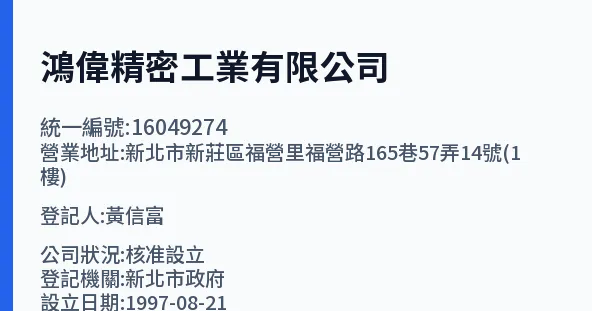 鴻偉精密工業有限公司的照片-統編 16049274(新北市) 公司登記資料與營業項目詳細圖表