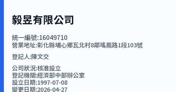 毅昱有限公司的照片-統編 16049710(彰化縣) 公司登記資料與營業項目詳細圖表
