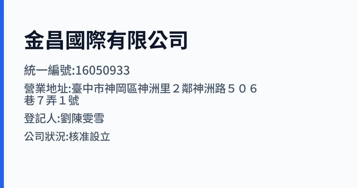 金昌國際有限公司 - 統編 16050933(臺中市) 公司登記資料與營業項目詳細圖表