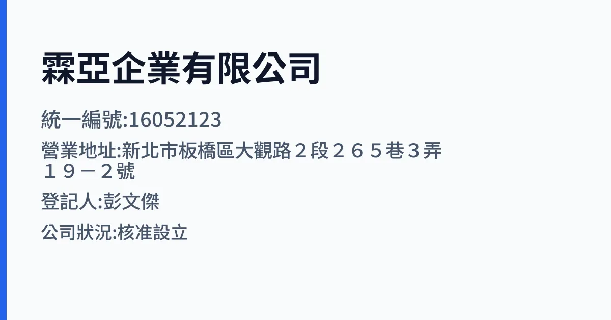 霖亞企業有限公司 - 統編 16052123(新北市) 公司登記資料與營業項目詳細圖表