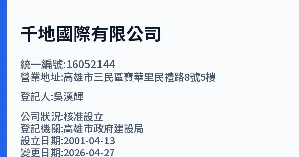 千地國際有限公司的照片-統編 16052144(高雄市) 公司登記資料與營業項目詳細圖表