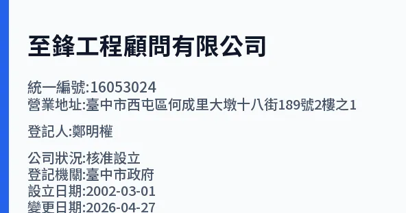 至鋒工程顧問有限公司的照片-統編 16053024(臺中市) 公司登記資料與營業項目詳細圖表