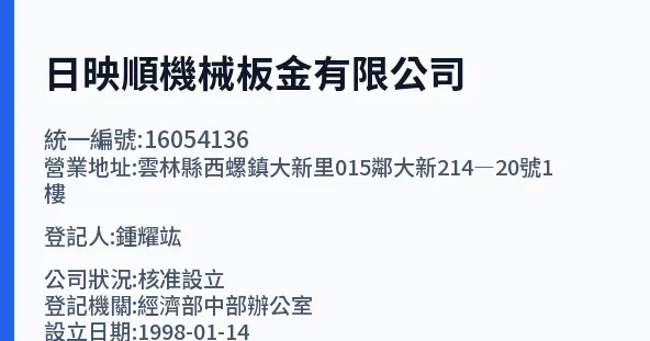 日映順機械板金有限公司的照片-統編 16054136(雲林縣) 公司登記資料與營業項目詳細圖表