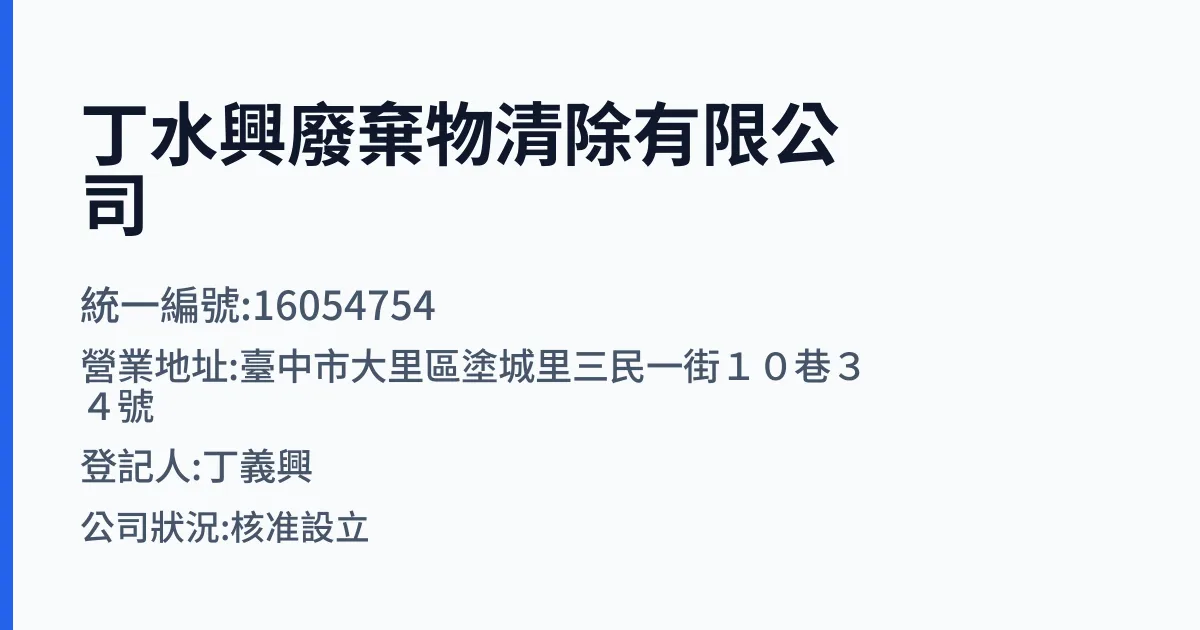 丁水興廢棄物清除有限公司 - 統編 16054754(臺中市) 公司登記資料與營業項目詳細圖表