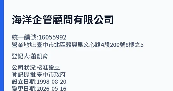 海洋企管顧問有限公司的照片-統編 16055992(臺中市) 公司登記資料與營業項目詳細圖表