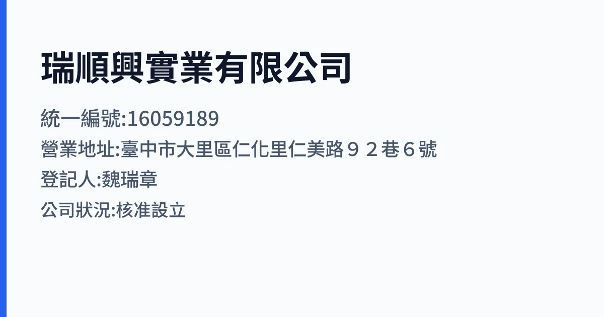 瑞順興實業有限公司 - 統編 16059189(臺中市) 公司登記資料與營業項目詳細圖表