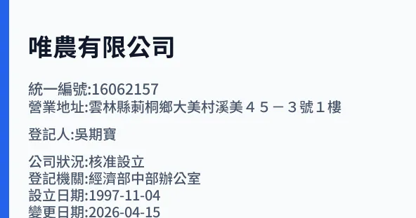 唯農有限公司的照片-統編 16062157(雲林縣) 公司登記資料與營業項目詳細圖表