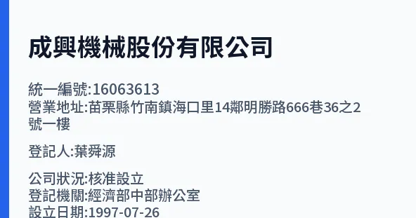 成興機械股份有限公司的照片-統編 16063613(苗栗縣) 公司登記資料與營業項目詳細圖表