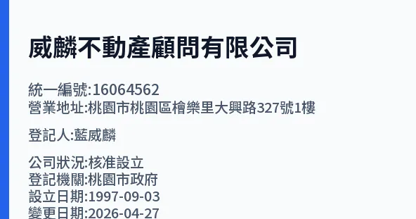 威麟不動產顧問有限公司的照片-統編 16064562(桃園市) 公司登記資料與營業項目詳細圖表