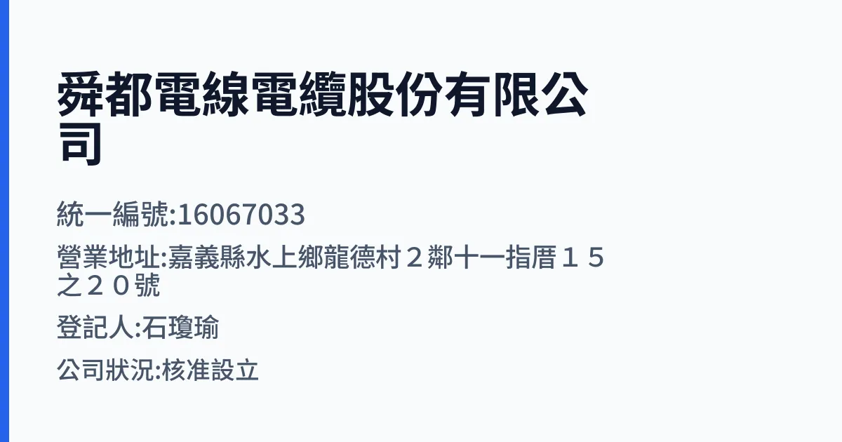 舜都電線電纜股份有限公司 - 統編 16067033(嘉義縣) 公司登記資料與營業項目詳細圖表