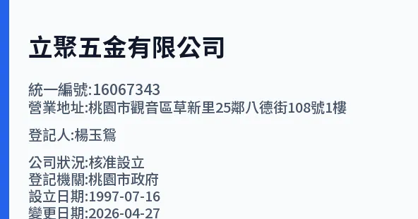 立聚五金有限公司的照片-統編 16067343(桃園市) 公司登記資料與營業項目詳細圖表