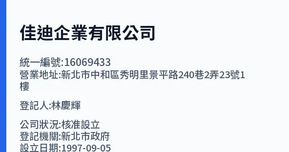 佳迪企業有限公司的照片-統編 16069433(新北市) 公司登記資料與營業項目詳細圖表