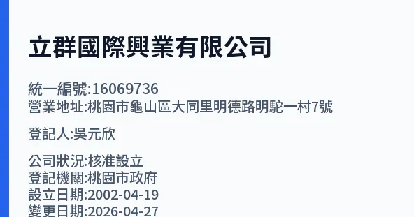 立群國際興業有限公司的照片-統編 16069736(桃園市) 公司登記資料與營業項目詳細圖表