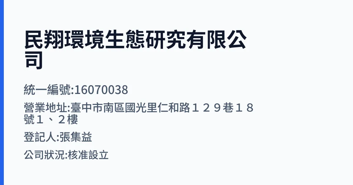 民翔環境生態研究有限公司 - 統編 16070038(臺中市) 公司登記資料與營業項目詳細圖表