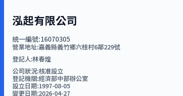 泓起有限公司的照片-統編 16070305(嘉義縣) 公司登記資料與營業項目詳細圖表