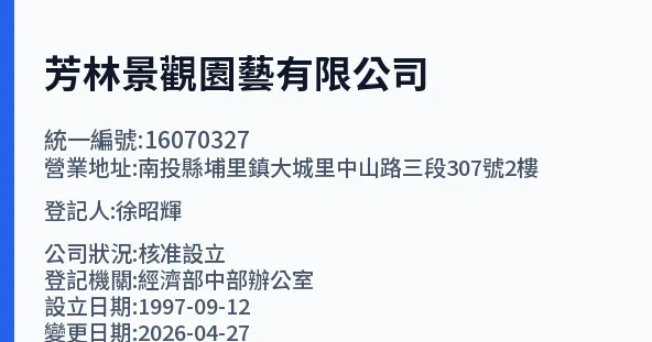 芳林景觀園藝有限公司的照片-統編 16070327(南投縣) 公司登記資料與營業項目詳細圖表
