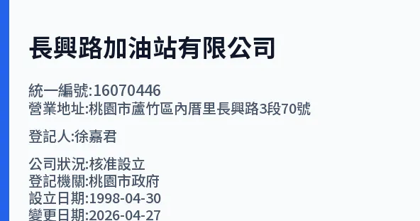長興路加油站有限公司的照片-統編 16070446(桃園市) 公司登記資料與營業項目詳細圖表