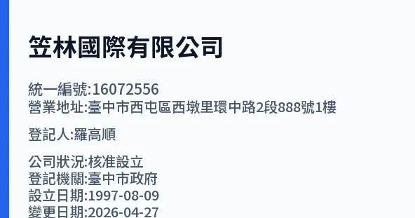 笠林國際有限公司的照片-統編 16072556(臺中市) 公司登記資料與營業項目詳細圖表