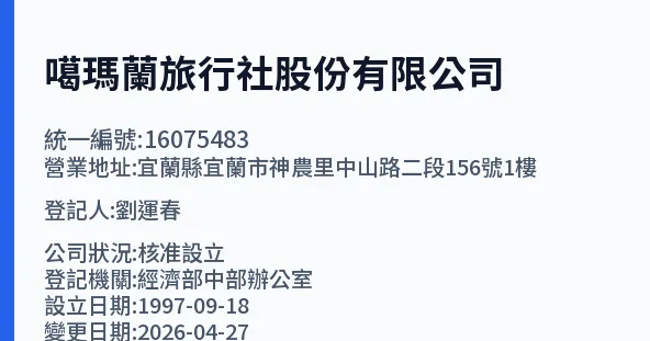 噶瑪蘭旅行社股份有限公司的照片-統編 16075483(宜蘭縣) 公司登記資料與營業項目詳細圖表