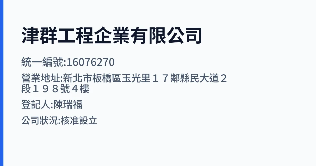 津群工程企業有限公司 - 統編 16076270(新北市) 公司登記資料與營業項目詳細圖表